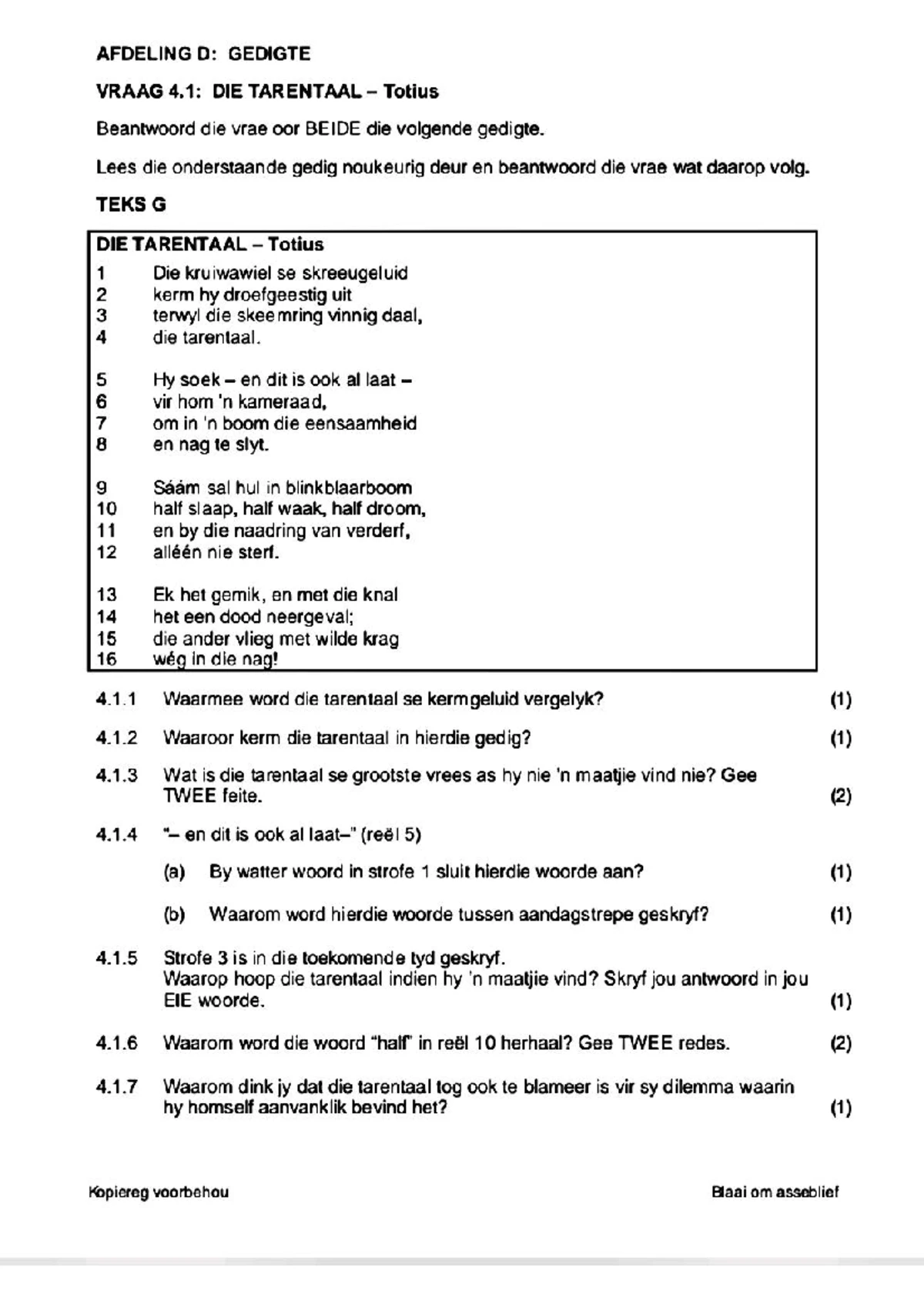 AFDELING D: GEDIGTE VRAAG 4: AFRIKAANS EXAMEN VRAE - Studocu
