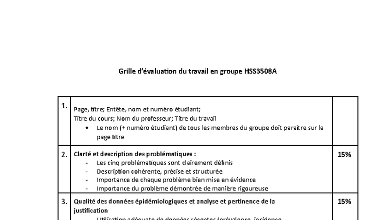 Grille d'Évaluation de Projet en Groupe HSS3508A - Studocu