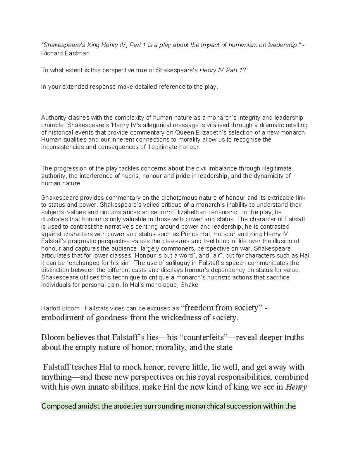 Mock Mod B Essay - Humanism and Authority in Henry IV, Part 1 - Studocu