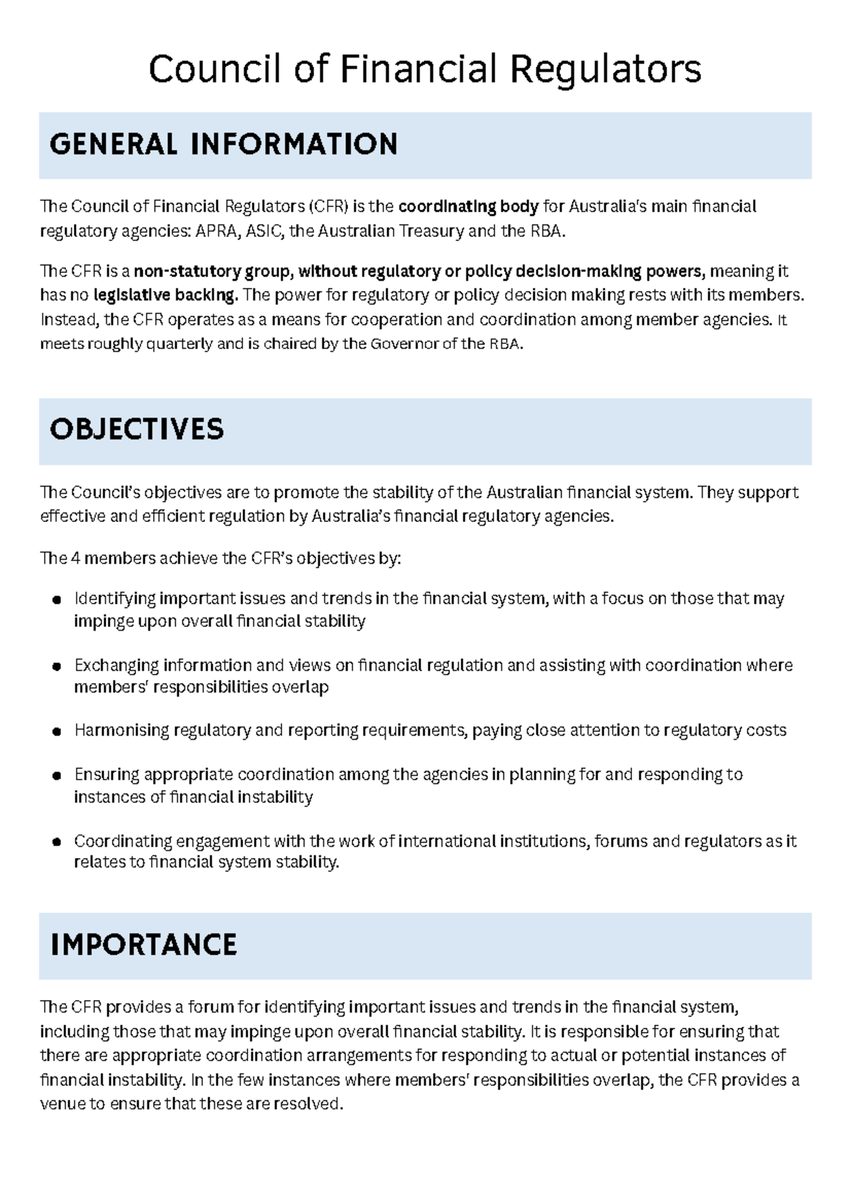 CFR Overview: Objectives and Importance of Financial Regulation - Studocu