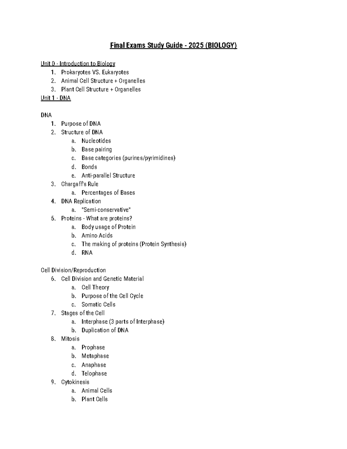 2025 Final Exam Study Guide (BIOLOGY): Key Concepts & Topics - Studocu