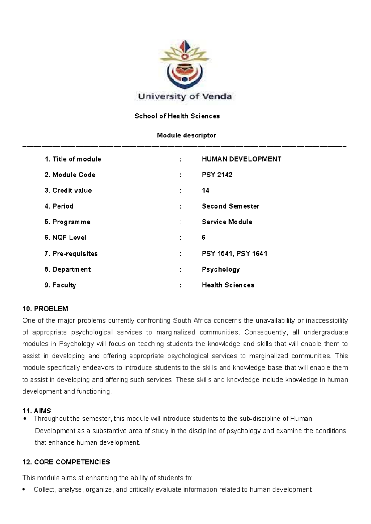 Psy 2142 Human Development Module Outline for 2024 - Studocu