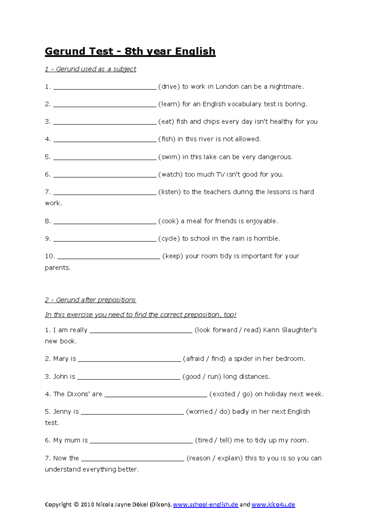 01AL Gerund Test - 8th Year English - Subject, Object & Prepositions ...