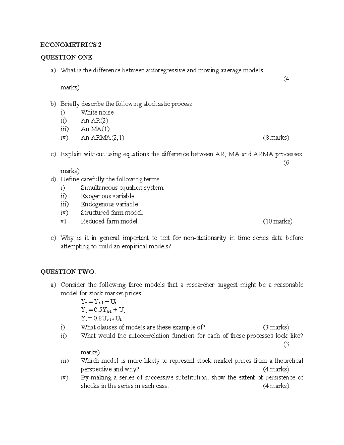 Econometrics 2 - Comprehensive Study Notes on Time Series Models - Studocu