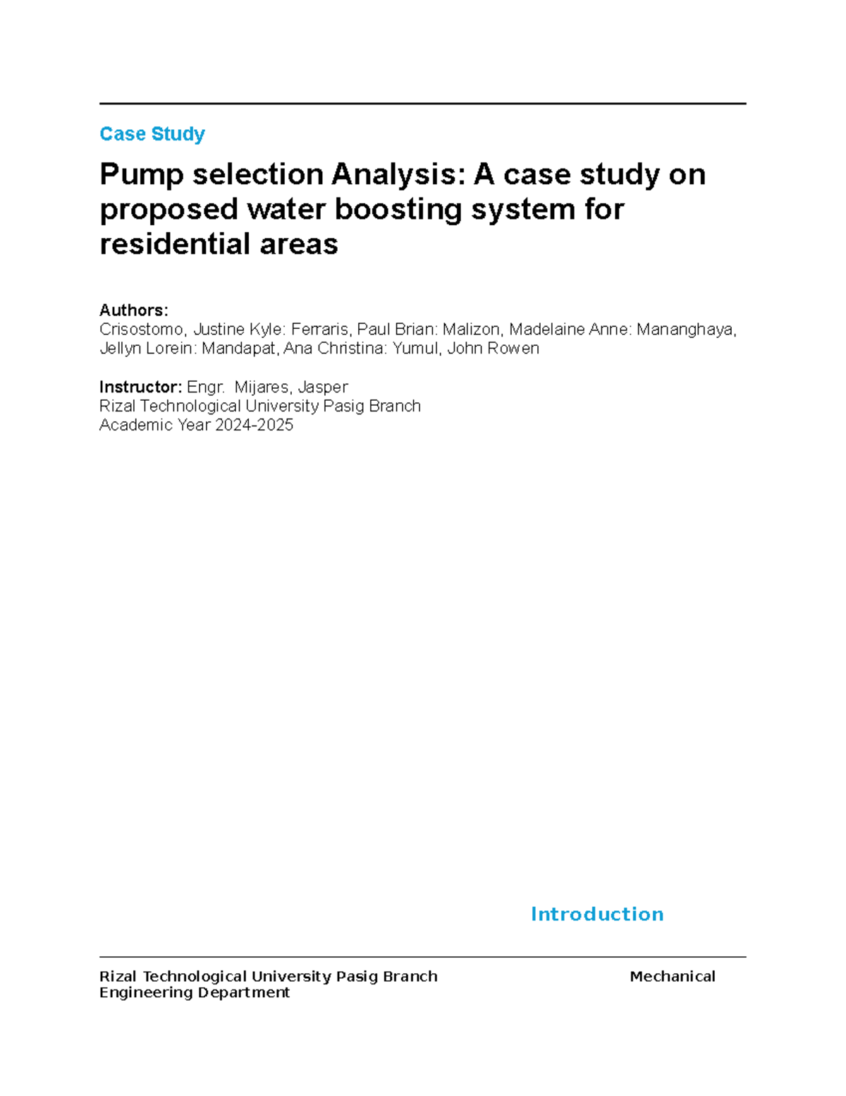 Case Study papers - IPE - Case Study Pump selection Analysis: A case study on proposed water ...