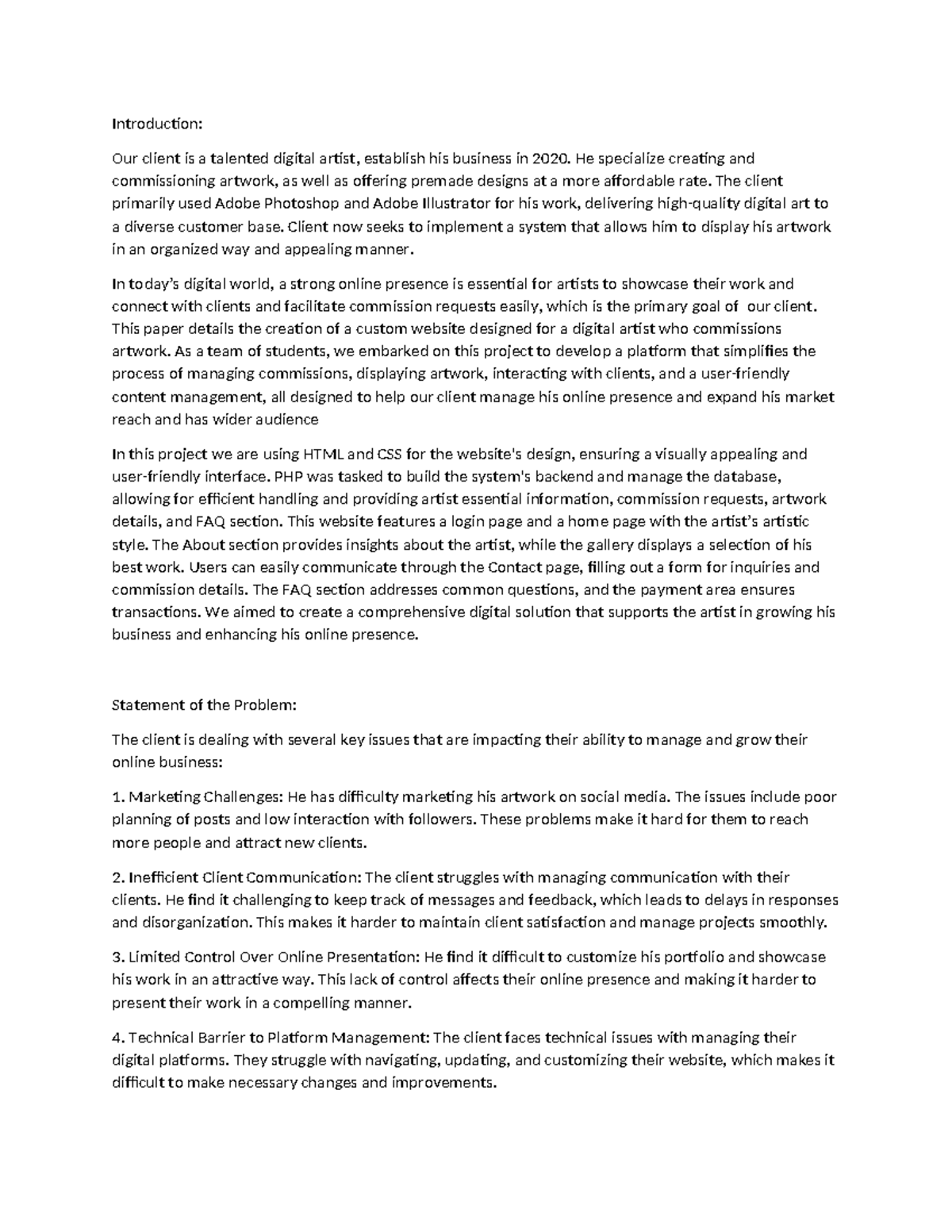Introduction and Statement of Problem for Digital Artist Website ...