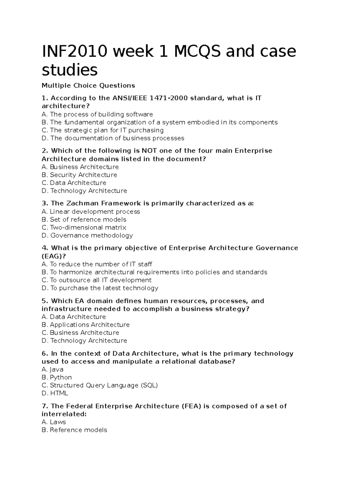 INF2010 Week 1: MCQs & Case Studies on Enterprise Architecture - Studocu