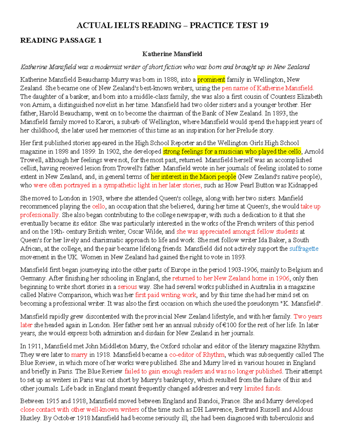 Actual IELTS Reading Practice Test 19: Katherine Mansfield Insights ...