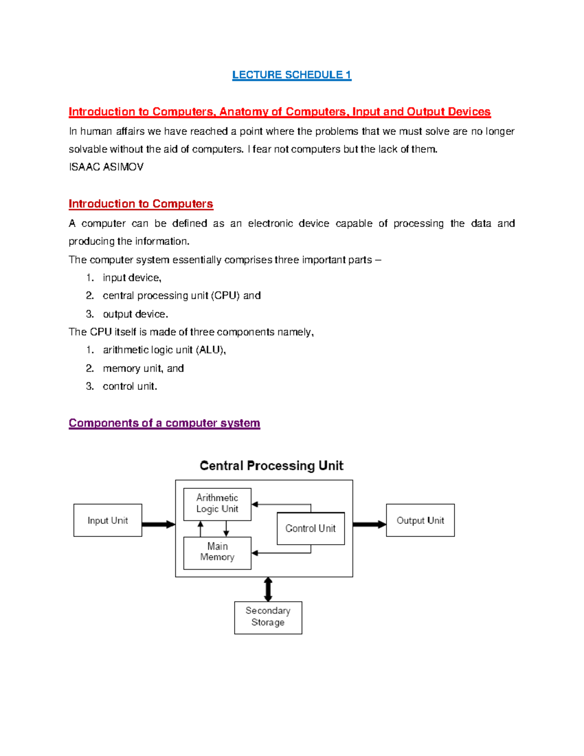 Lecture-1 Introduction & Anatomy of Computers - LECTURE SCHEDULE 1 ...