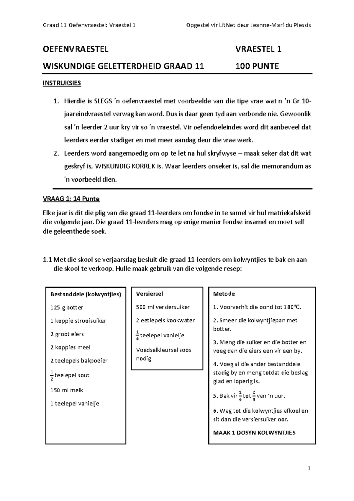 Graad 11 Wiskundige Geletterdheid Oefenvraestel V1: Vraestelle en Memo ...