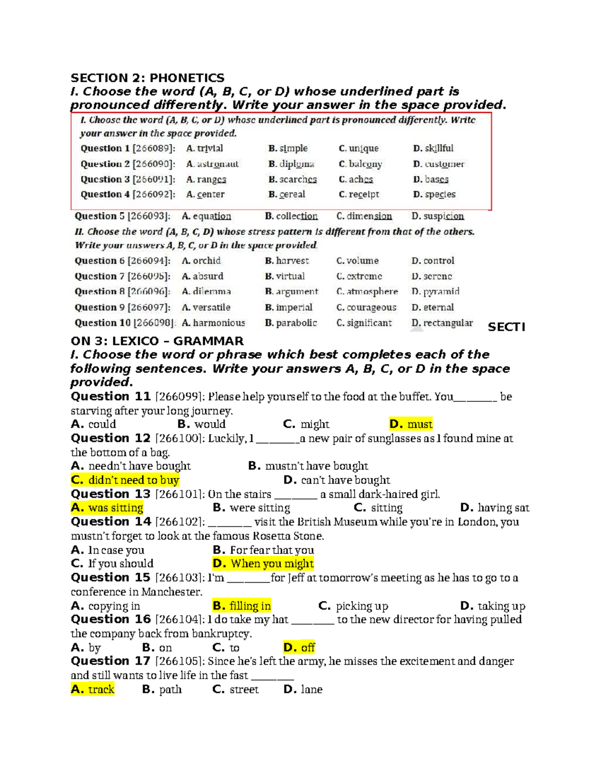 Đề C - Phonetics & Lexico Grammar Practice - Studocu