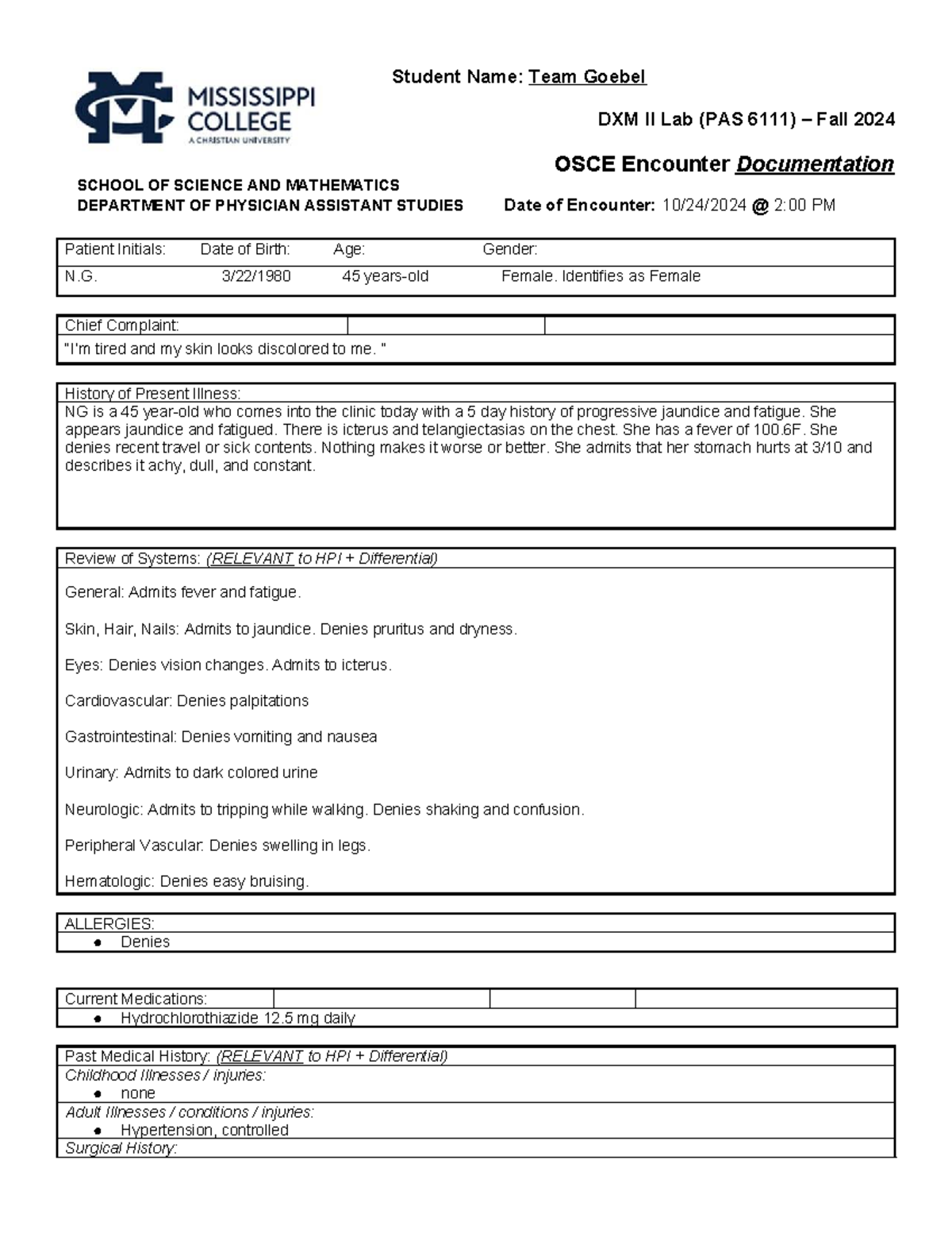 DXM II Lab Note: Patient Encounter Documentation for N.G. (Fall 2024 ...
