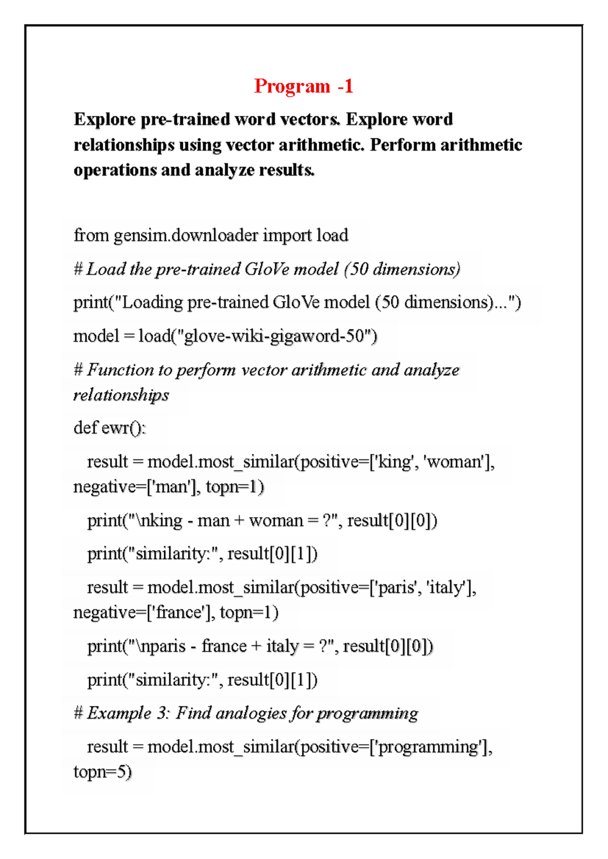 Program 1 - Lab 01: Exploring Word Vectors and Relationships - Studocu