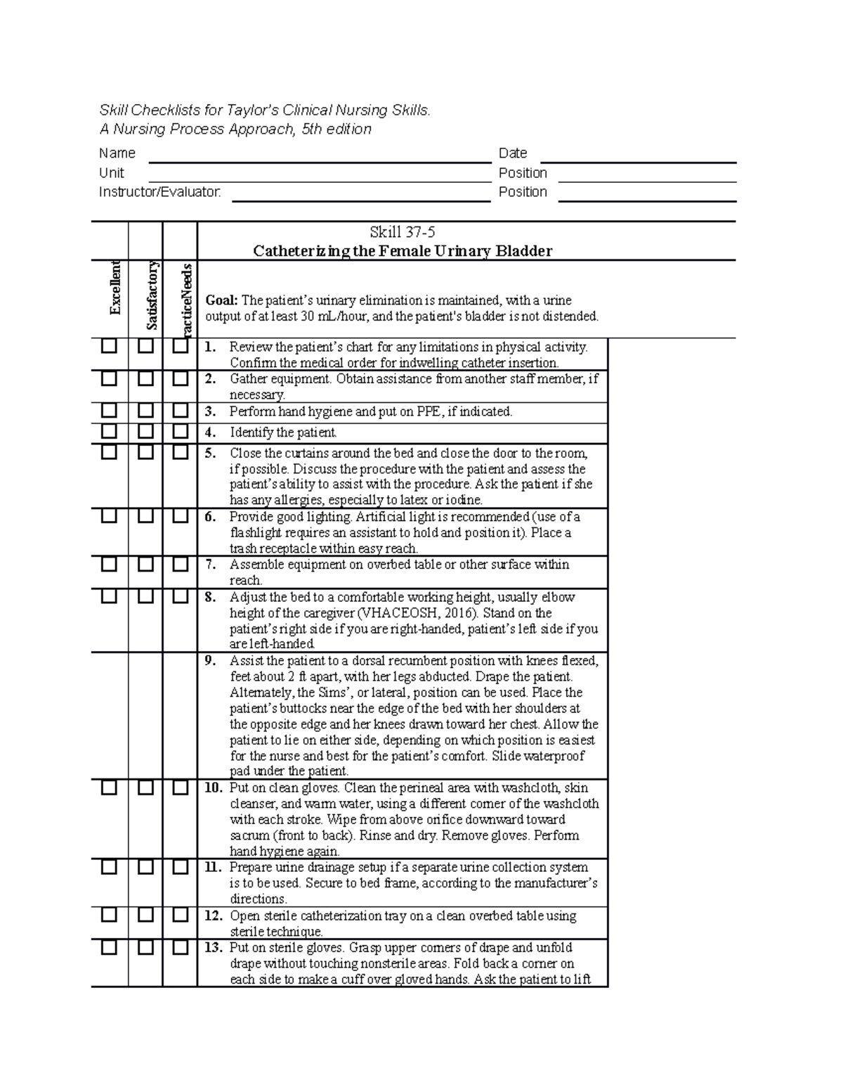 Skill Checklist - Foley Insertion - Female - Skill Checklists for ...