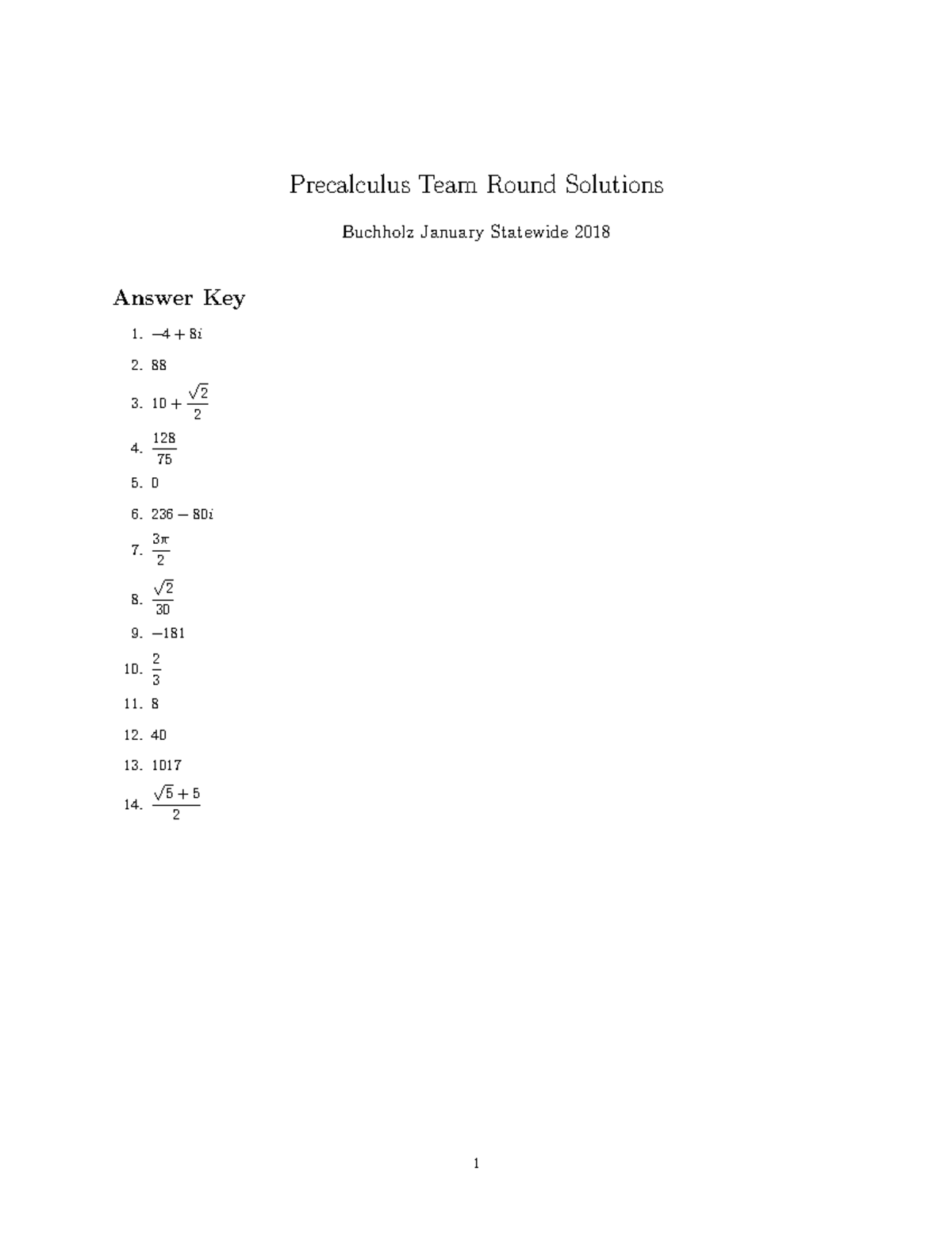 9314 S Precalculus Team Round Solutions - January 2018 Answer Key - Studocu
