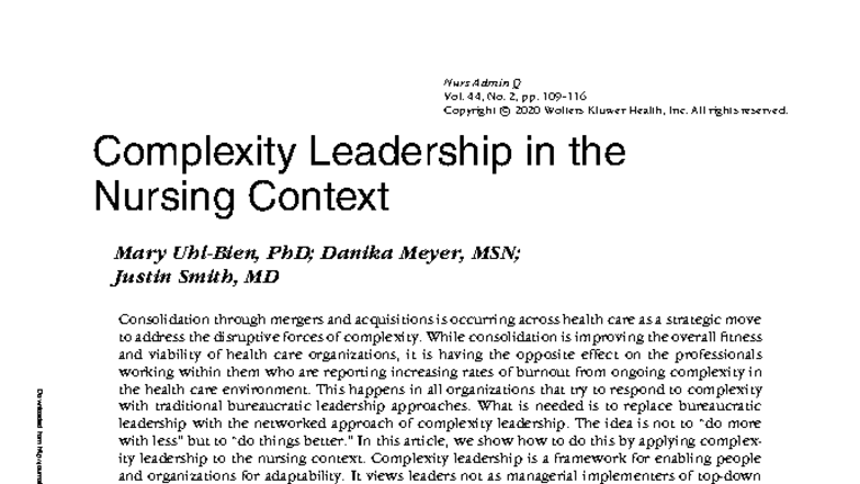 Nursing Leadership: Embracing Complexity for Adaptability in Healthcare ...