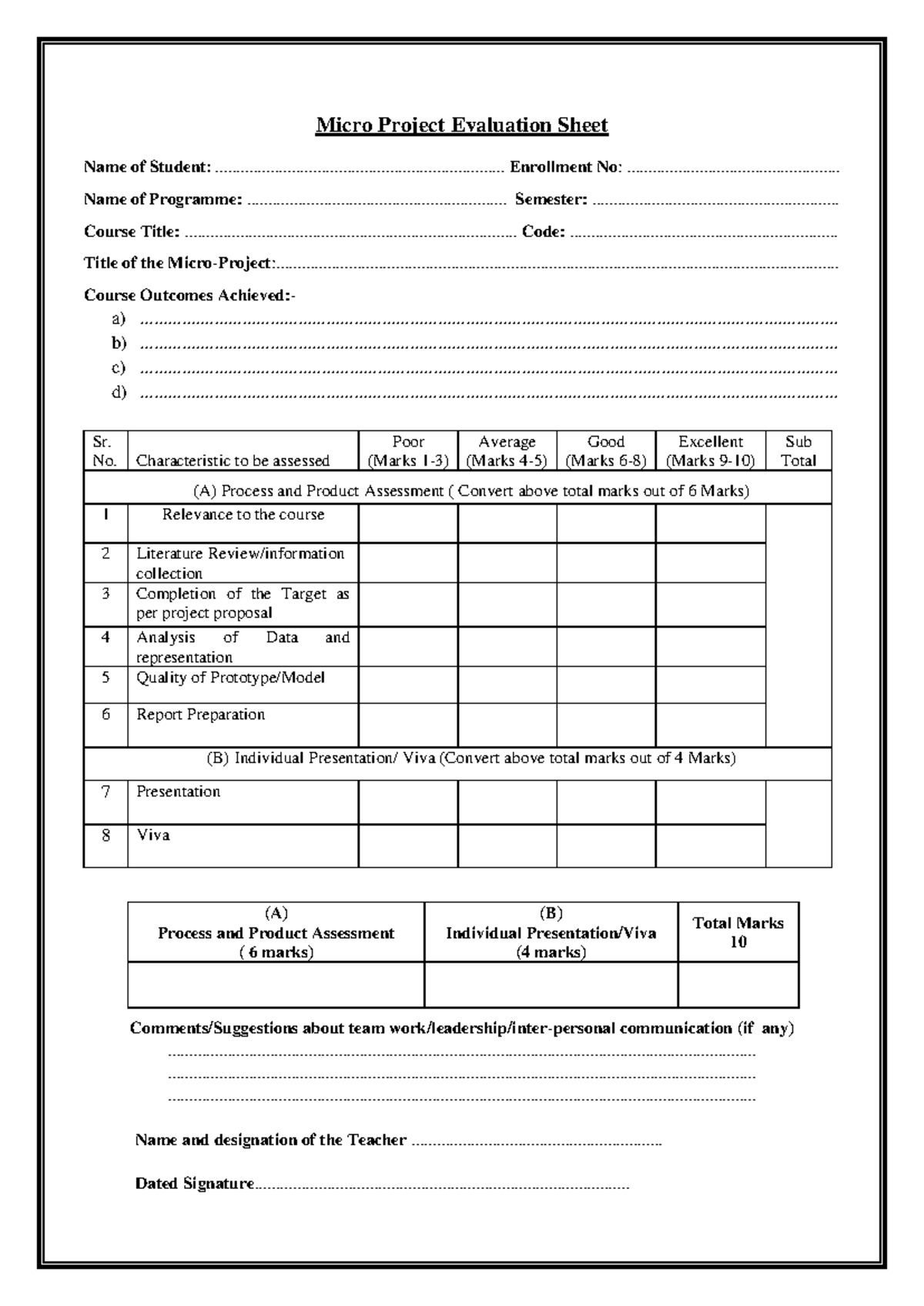 Micro Project Evaluation Sheet - Course Code Included - Studocu