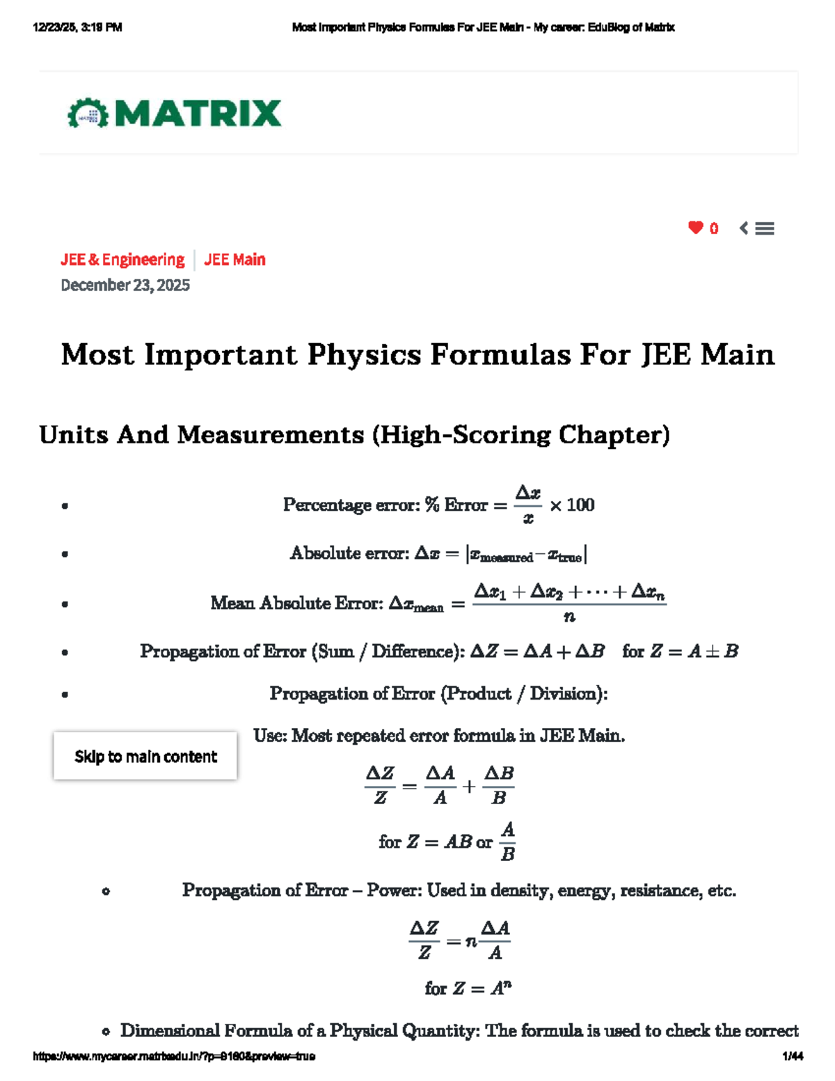 Most Important Physics Formulas for JEE Main (MATRIX) - Studocu