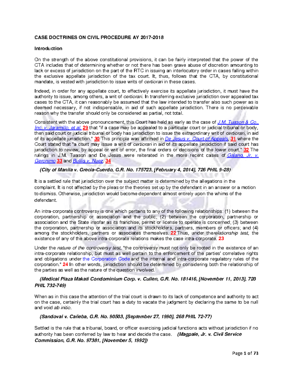 Civil Procedure Doctrines: Key Cases & Principles AY 2017-2018 - Studocu