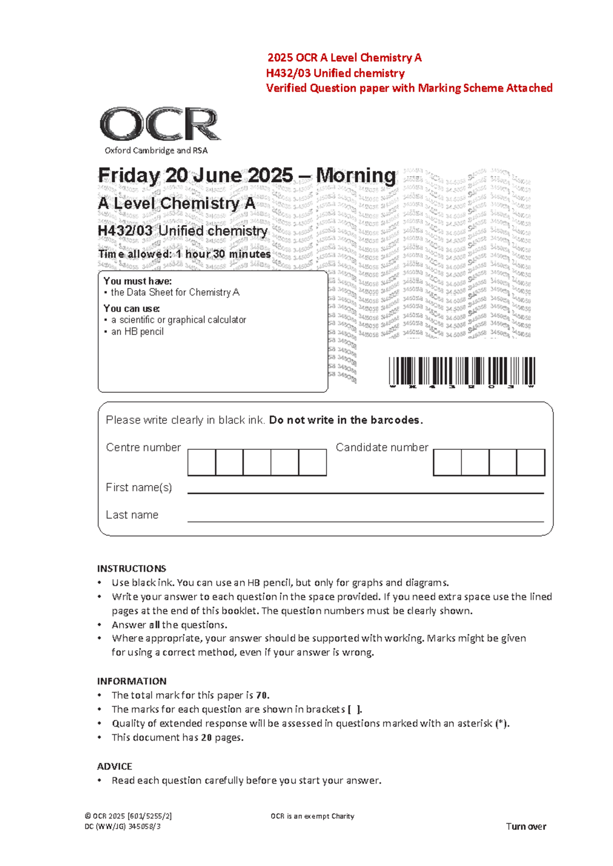 2025 OCR A Level Chemistry A Unified Exam Paper with Marking Scheme ...