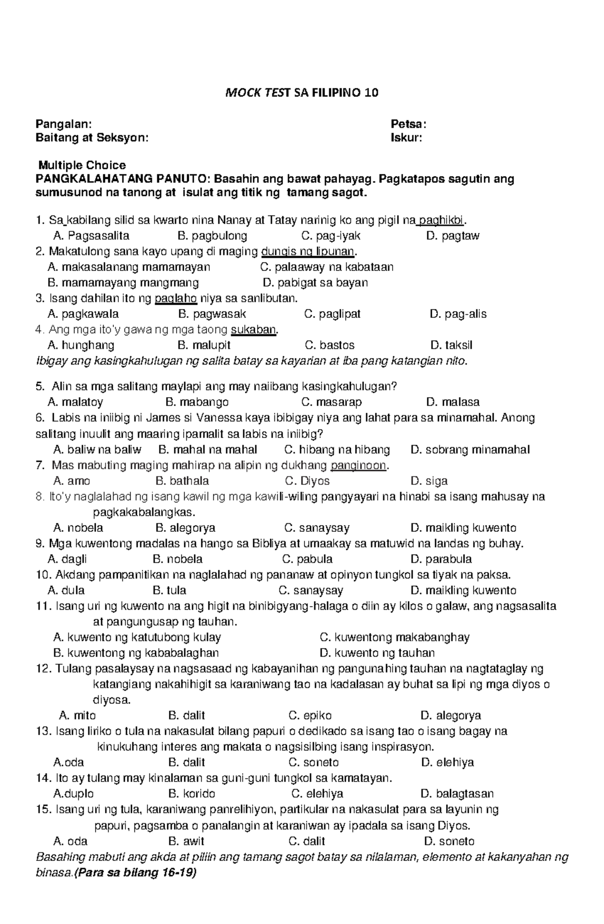 MOCK TEST Filipino - none - MOCK TEST SA FILIPINO 10 Pangalan: Petsa ...