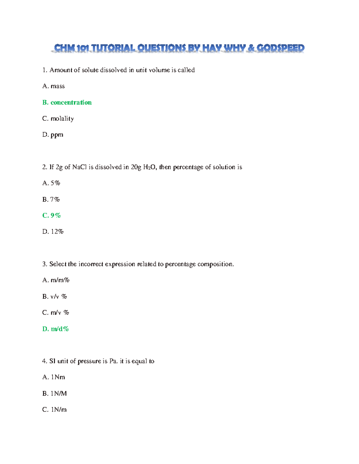 CHM 101 Tutorial Questions: Solubility, Acids, and Bases - Studocu