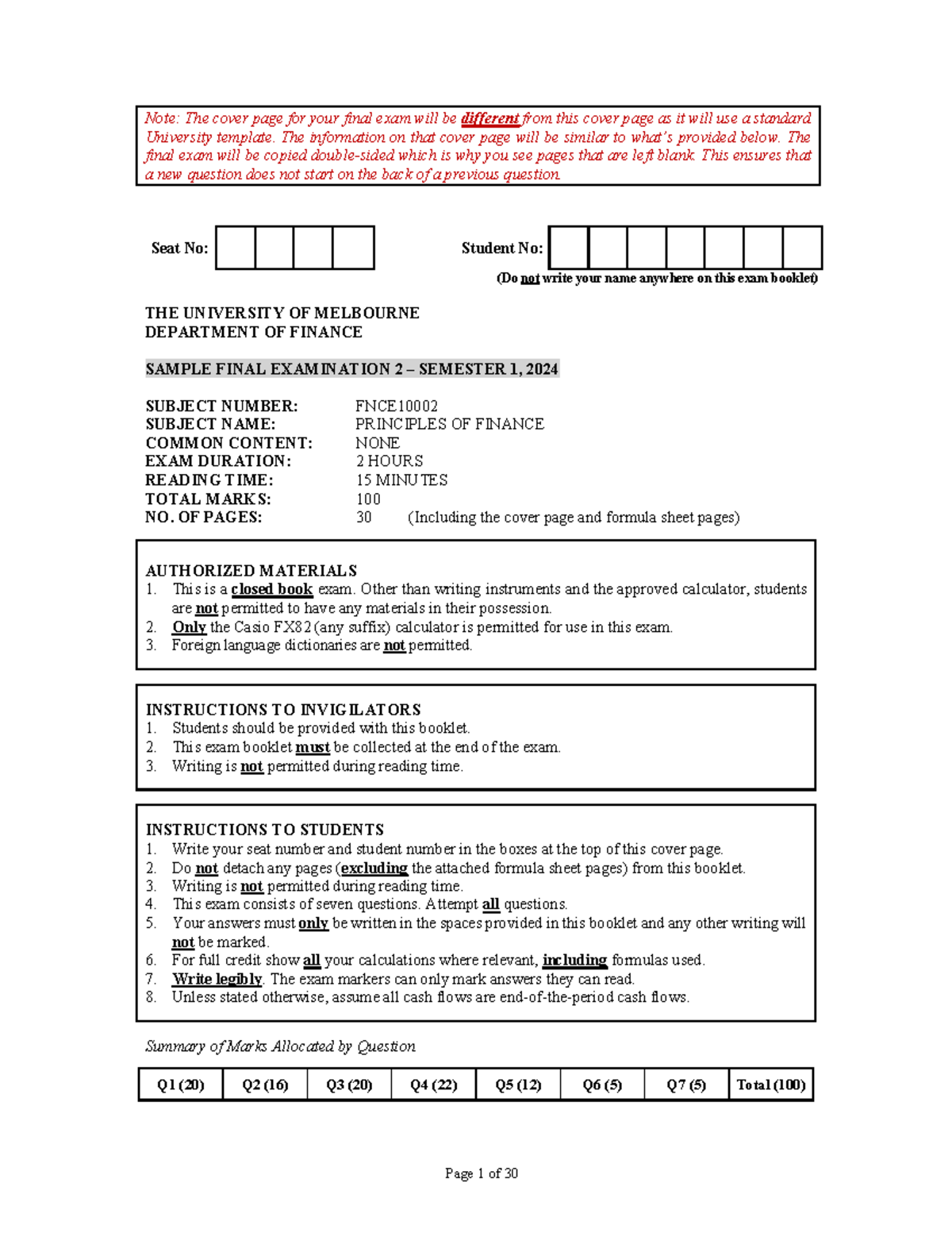 Sample FNCE Final Exam - Semester 1, 2024 - Studocu