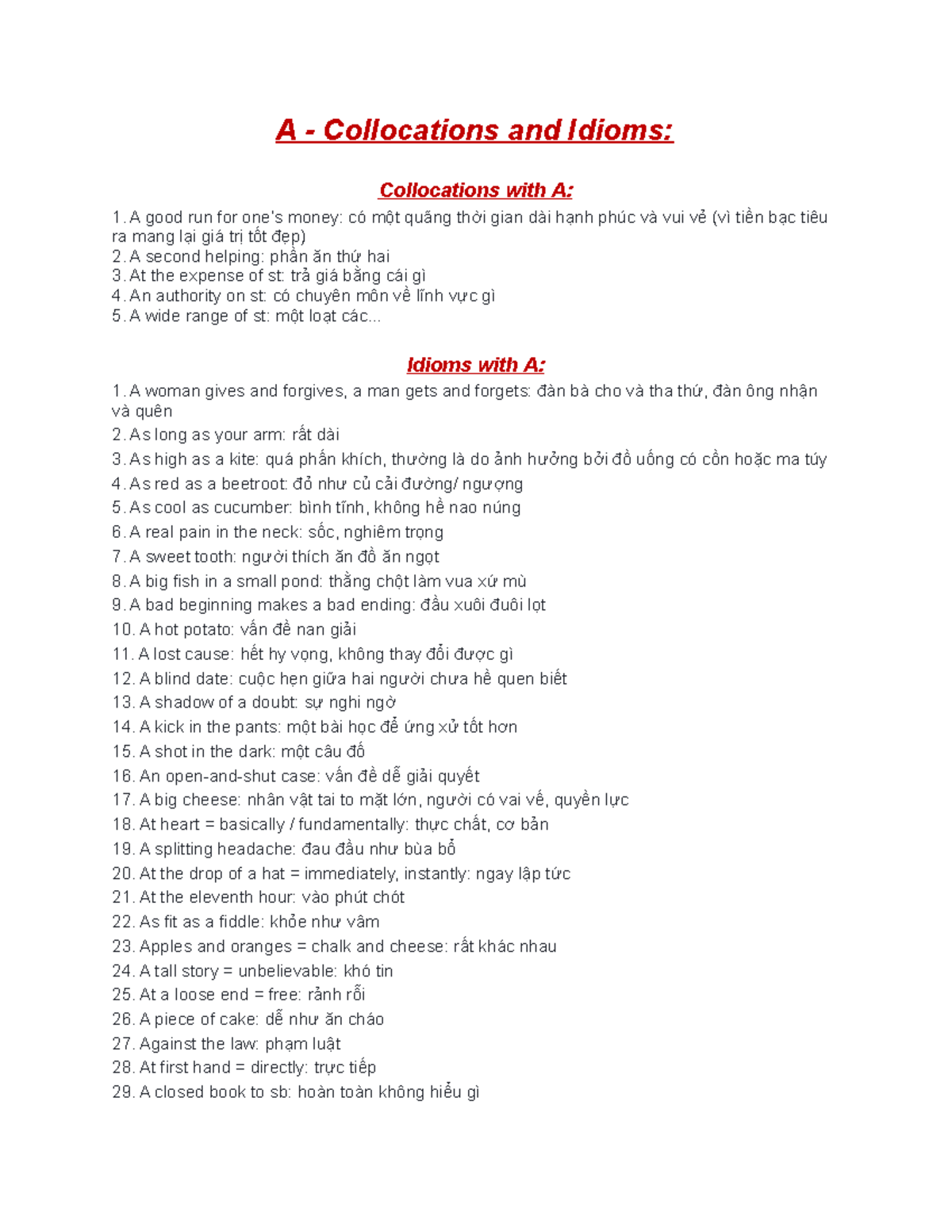 Collocations and Idioms A to D: Study Guide for Students - Studocu