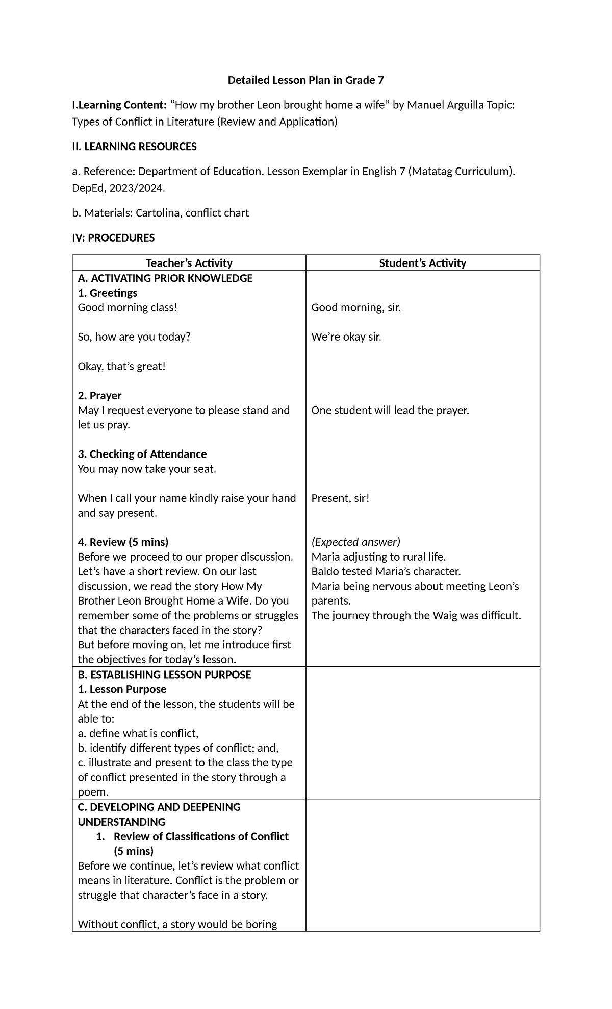 BSED ENGLISH 4: Detailed Lesson Plan on Types of Conflict in Literature ...