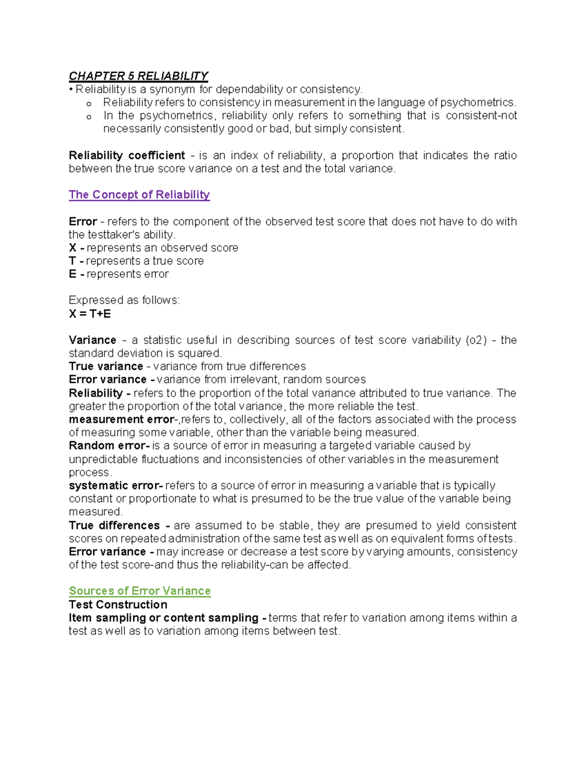 Chapter 5 Reliability In Psychometrics Lecture Notes Studocu