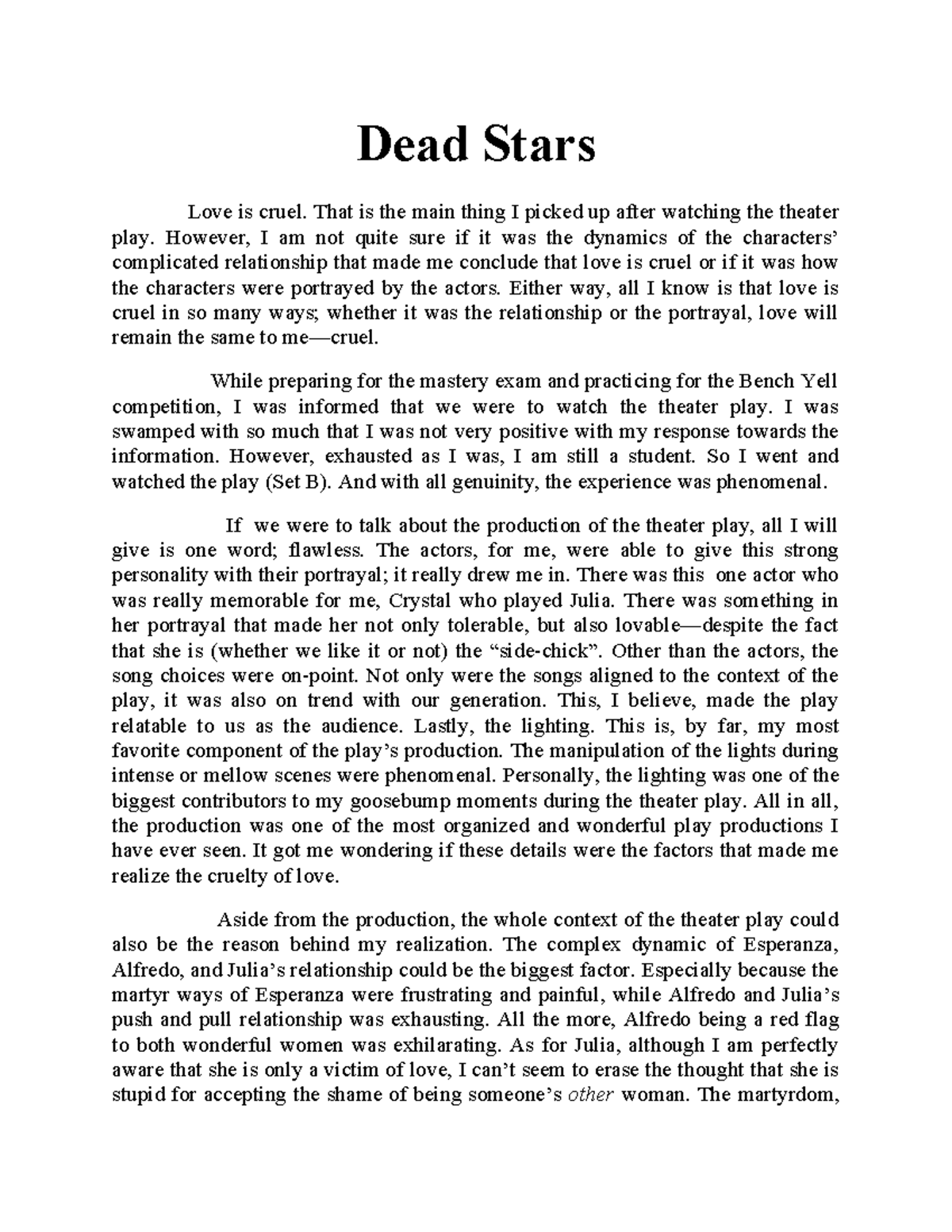 Dead Stars (Lit 101): A Critique of Love's Cruelty in Theater - Studocu