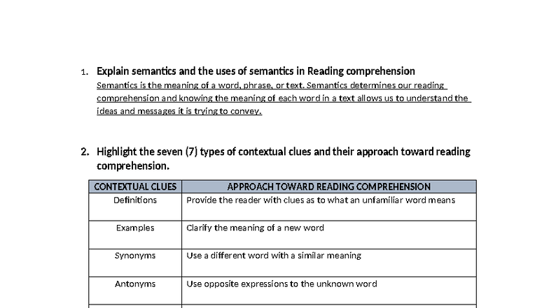 Week 8 - Semantics & Contextual Clues in Reading Comprehension - Studocu