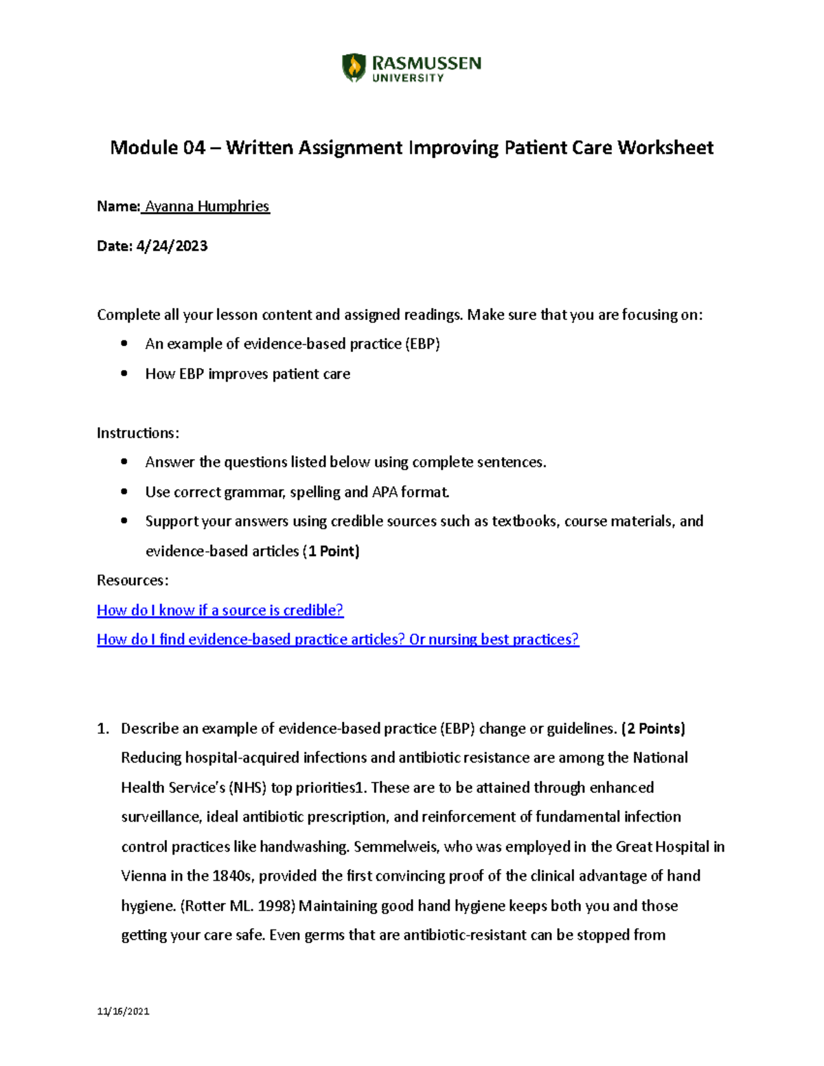 Module 04 Written Assignment Improving Patient Care Worksheet - Module ...