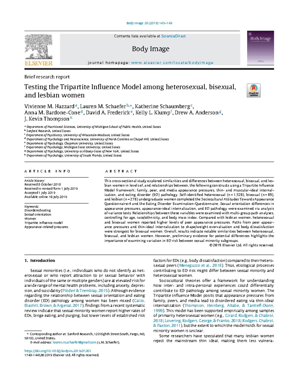 Testing the Tripartite Influence Model in Body Image Among Women (2019 ...