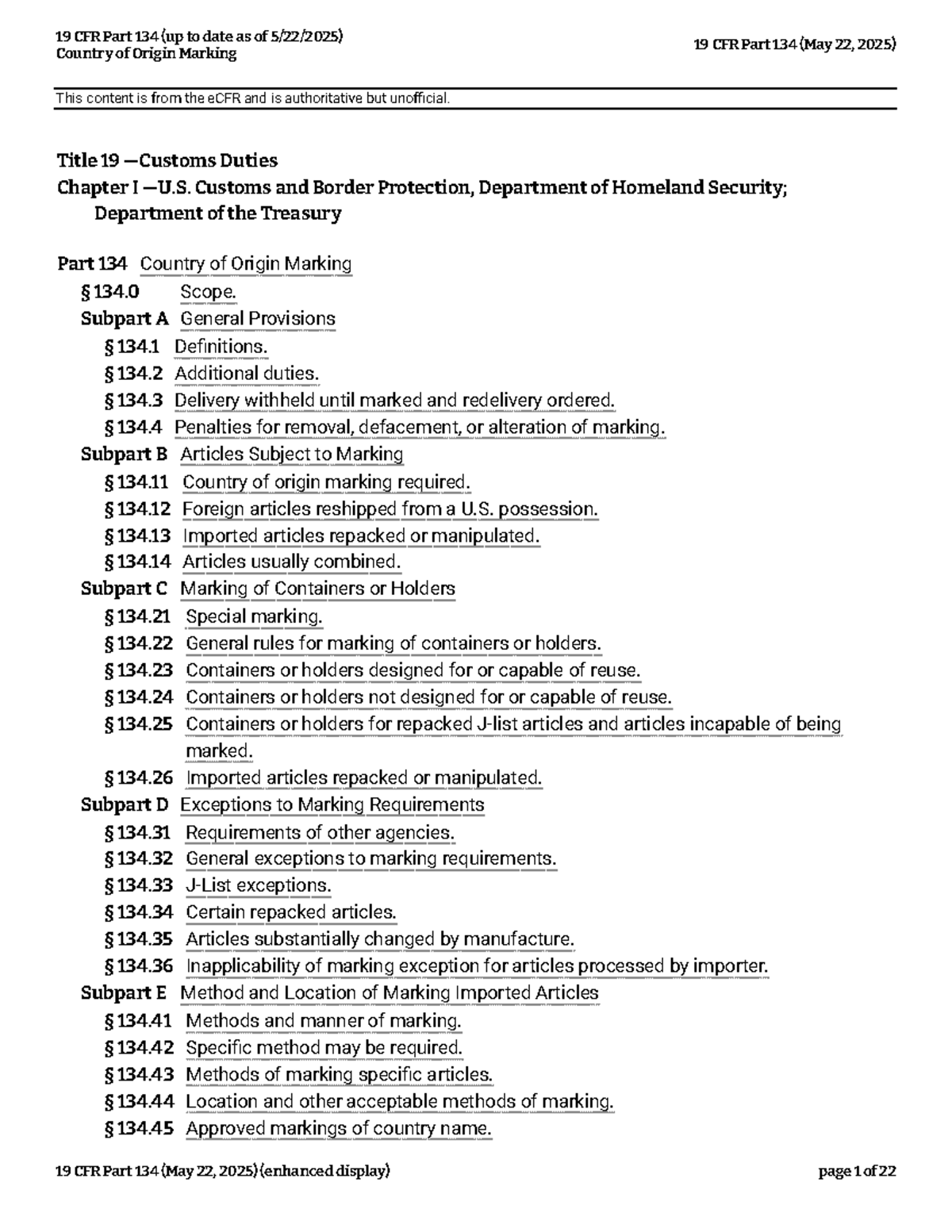 19 CFR Part 134: Country of Origin Marking Regulations (May 2025) - Studocu