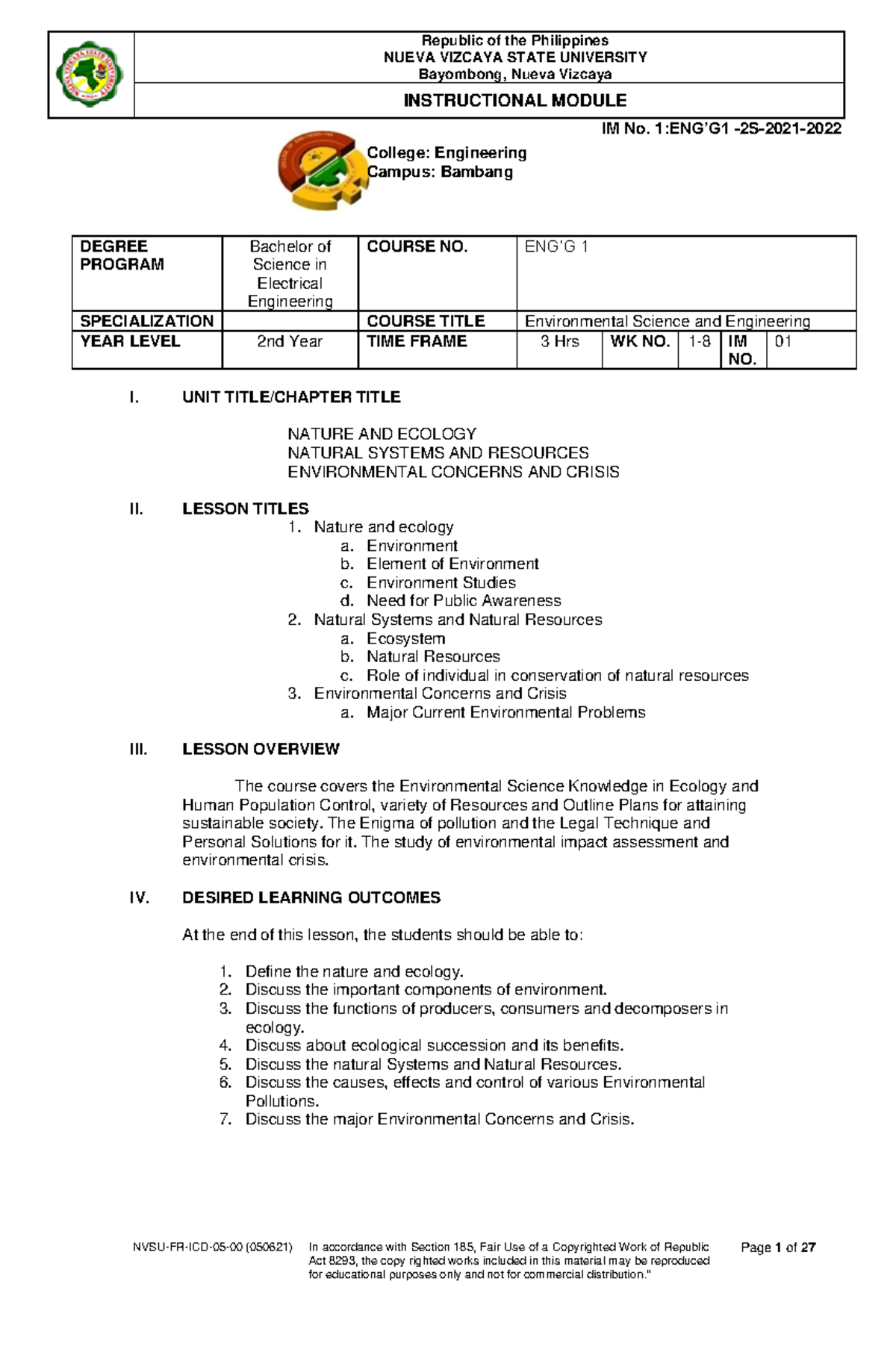 ENVI SCI - Module 01 - lectures and notes - NUEVA VIZCAYA STATE ...