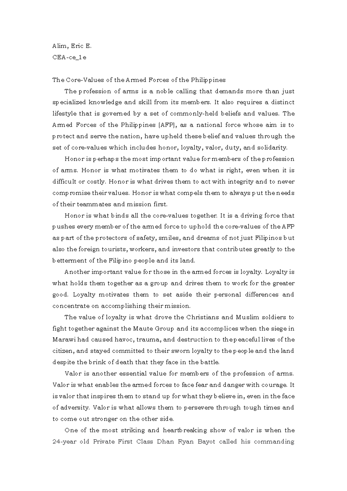 AFP Core Values Essay: The Essence of Honor, Loyalty, Valor, Duty ...