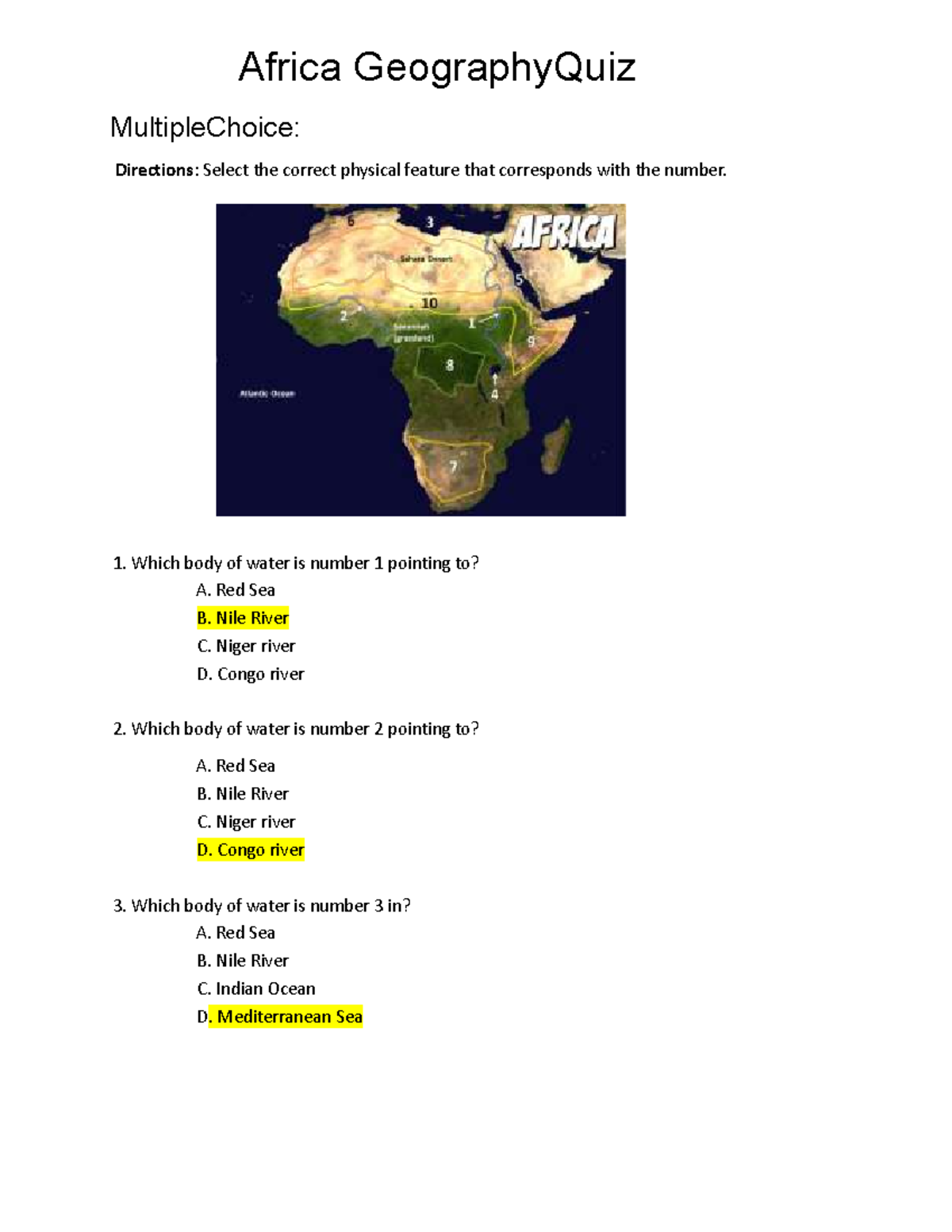 Africa Geography Quiz 2.1b: Multiple Choice on Physical Features - Studocu