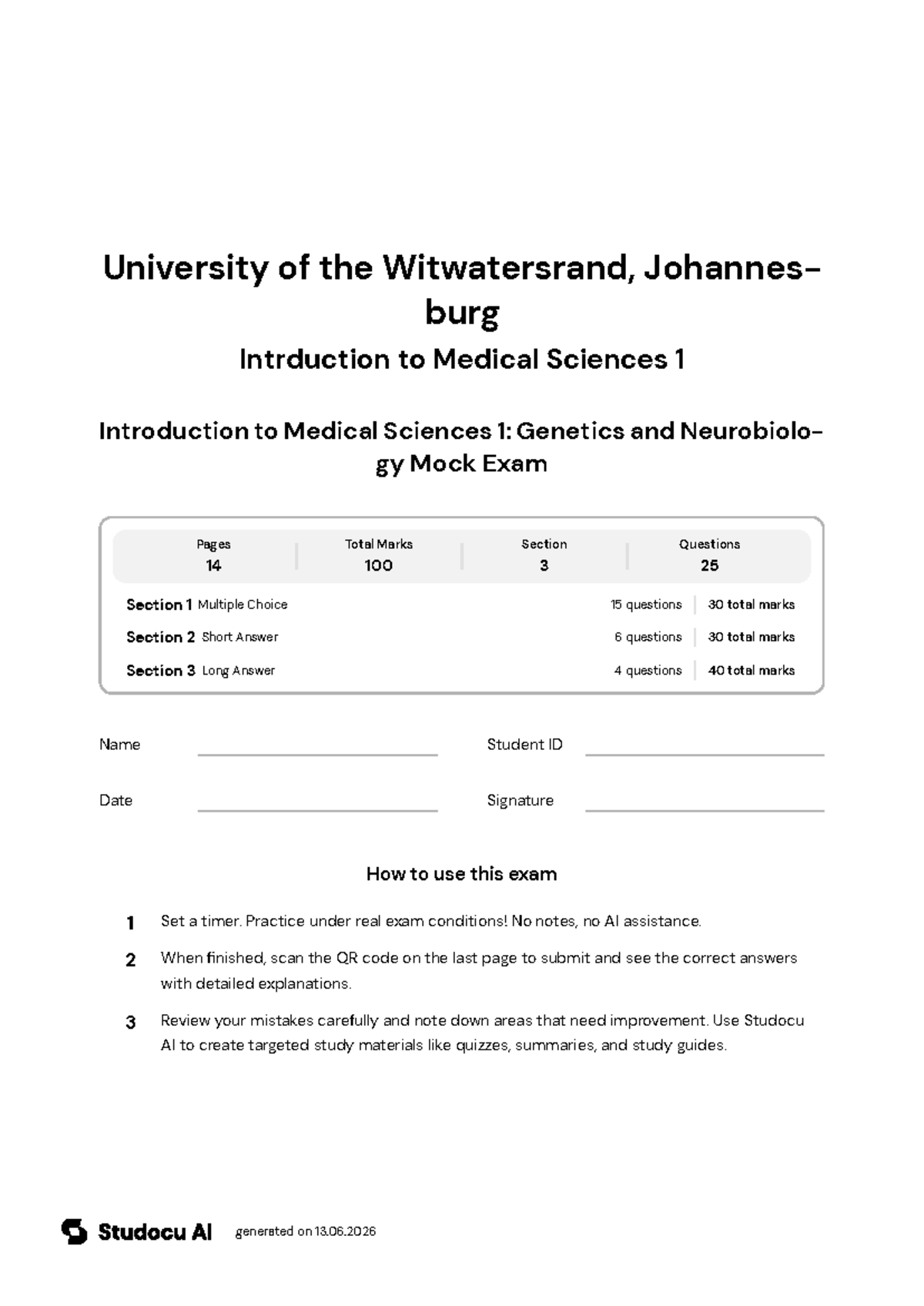 Introduction to Medical Sciences 1: Genetics and Neurobiology Mock Exam ...