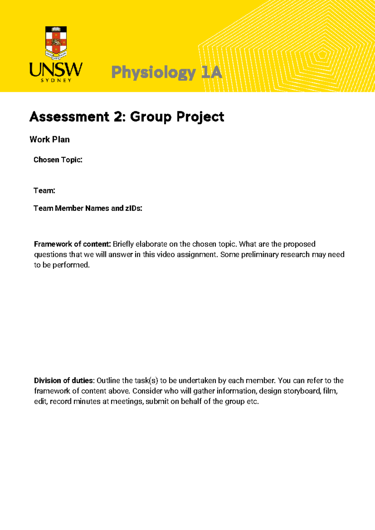 Physiology 1A Group Project Work Plan: Team Roles & Topic Outline - Studocu