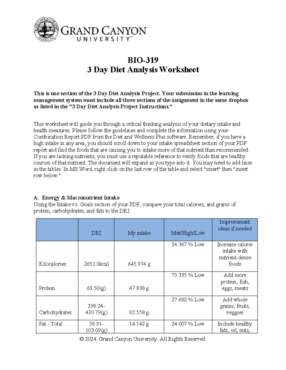 BIO-319 3-Day Diet Analysis Project Worksheet and Guidelines - Studocu