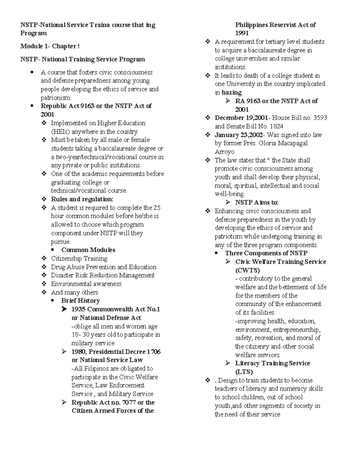 NSTP Reviewer: Civic Consciousness & Defense Preparedness Module - Studocu