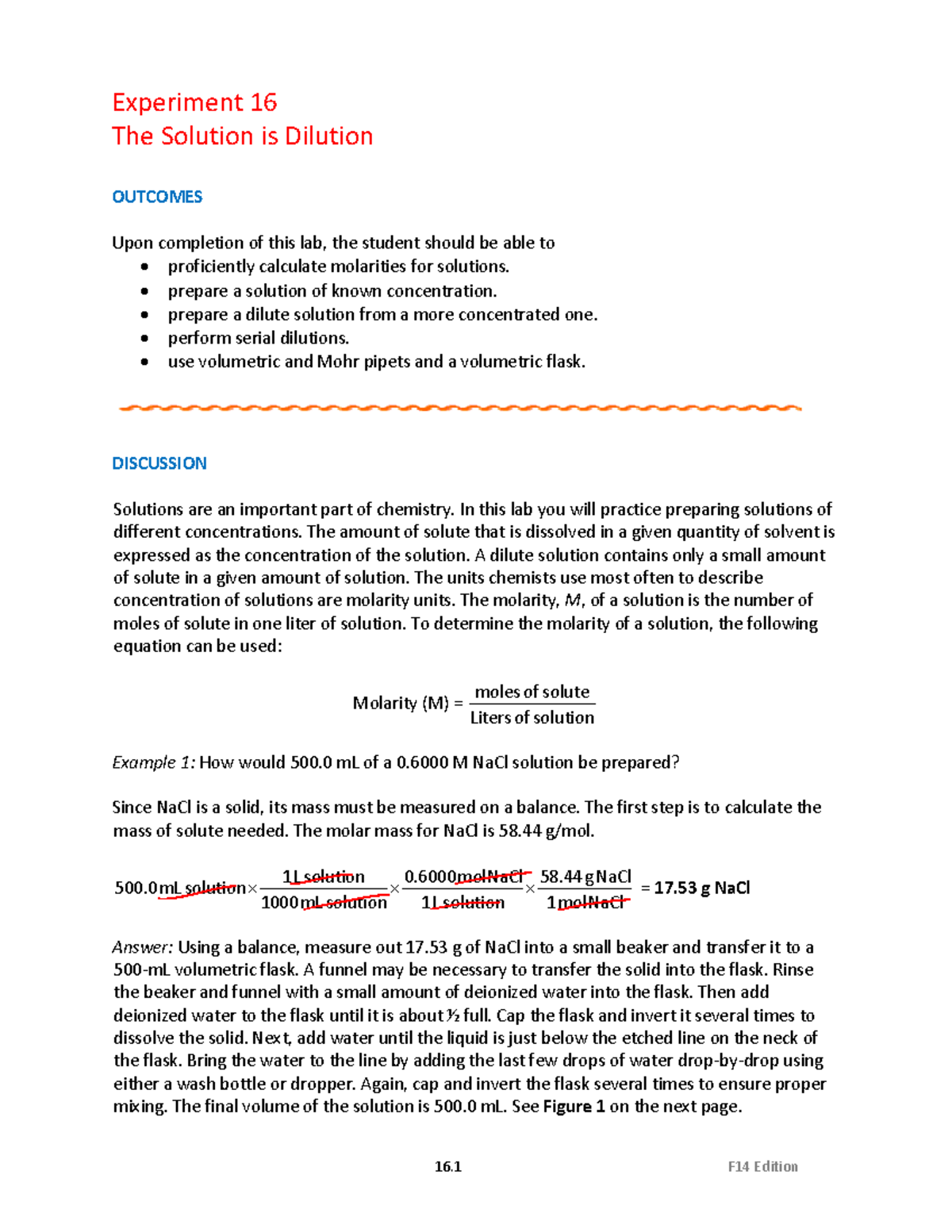 Experiment 16: Understanding Dilution and Molarity Calculations - Studocu