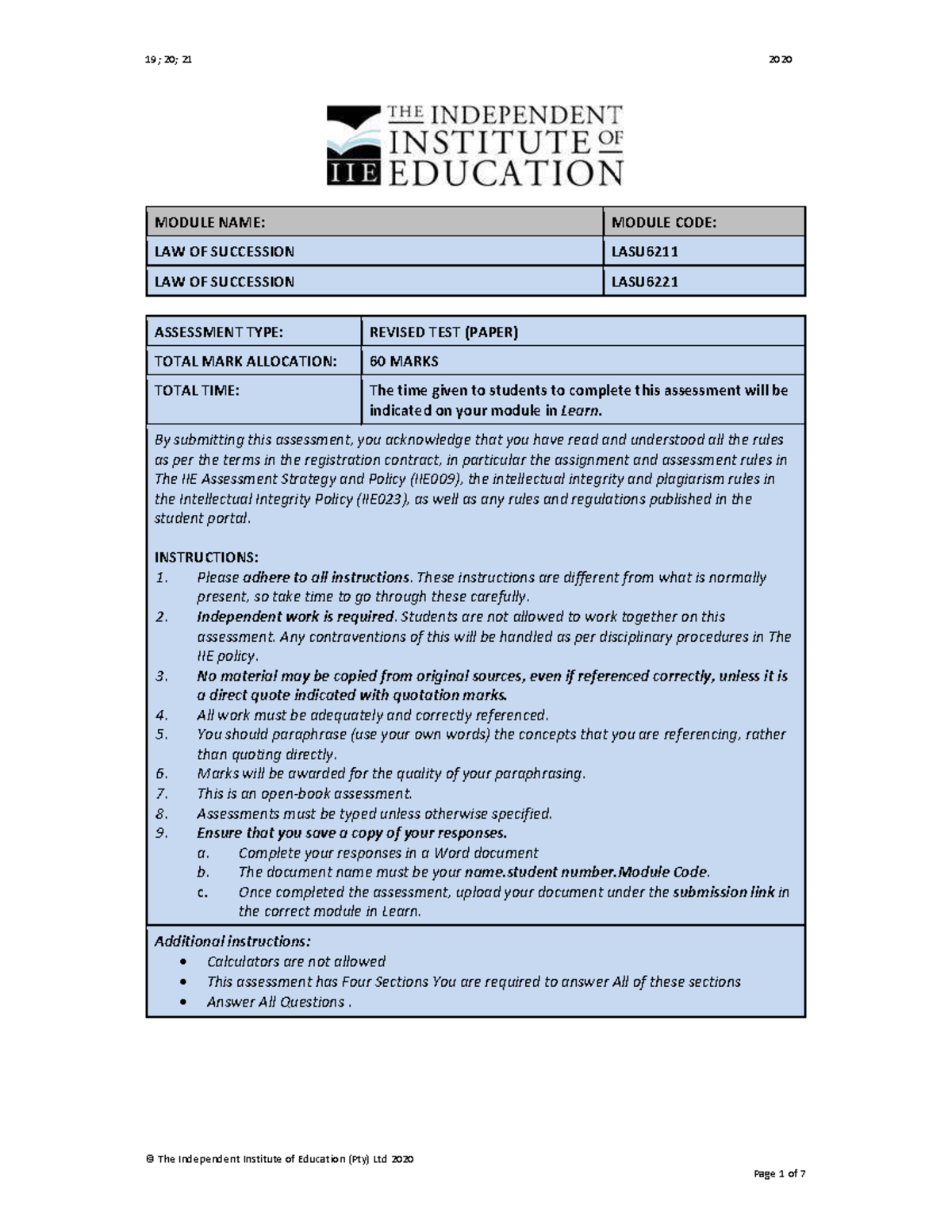 LASU6211 Law of Succession Revised Test 2020 - Assessment Guidelines ...