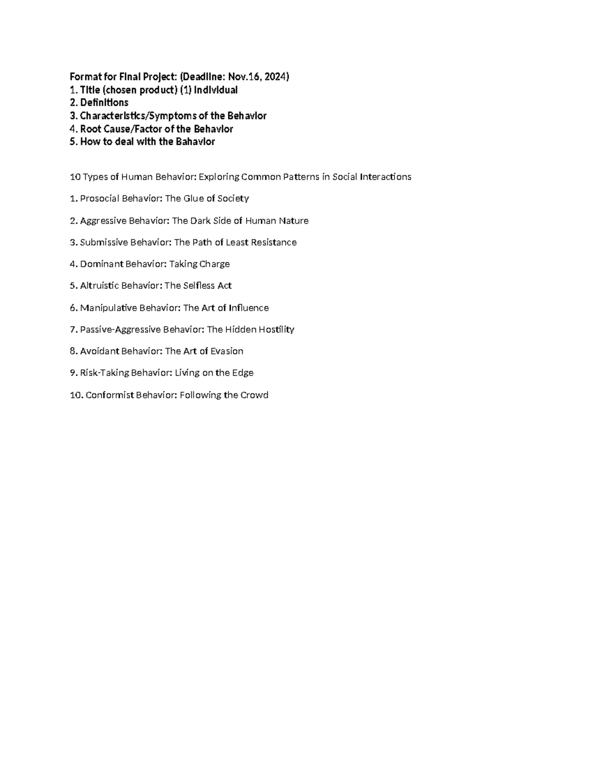 Final Project: 10 Types of Human Behavior Analysis (PSY101) - Studocu
