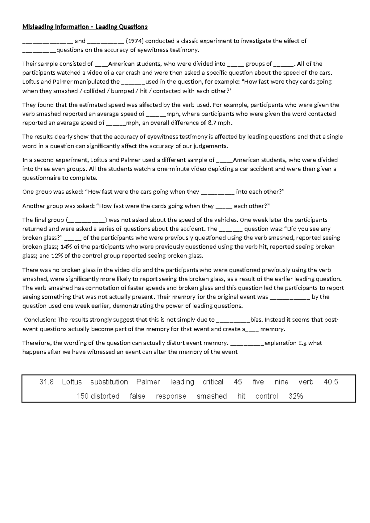 Misleading Information and Eyewitness Testimony: Gap Fill & AO3 ...