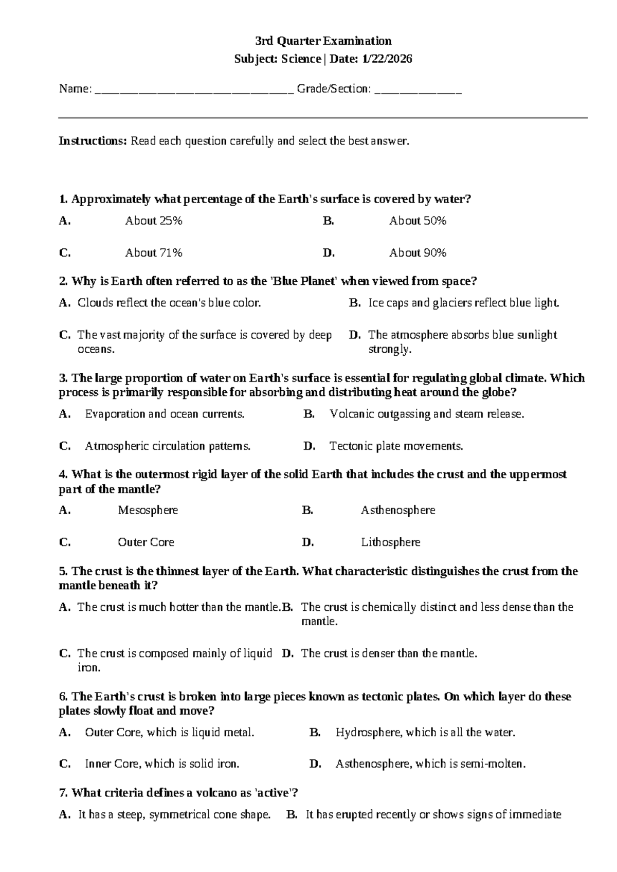 3rd Quarter Exam: Science Questions and Answers - Studocu
