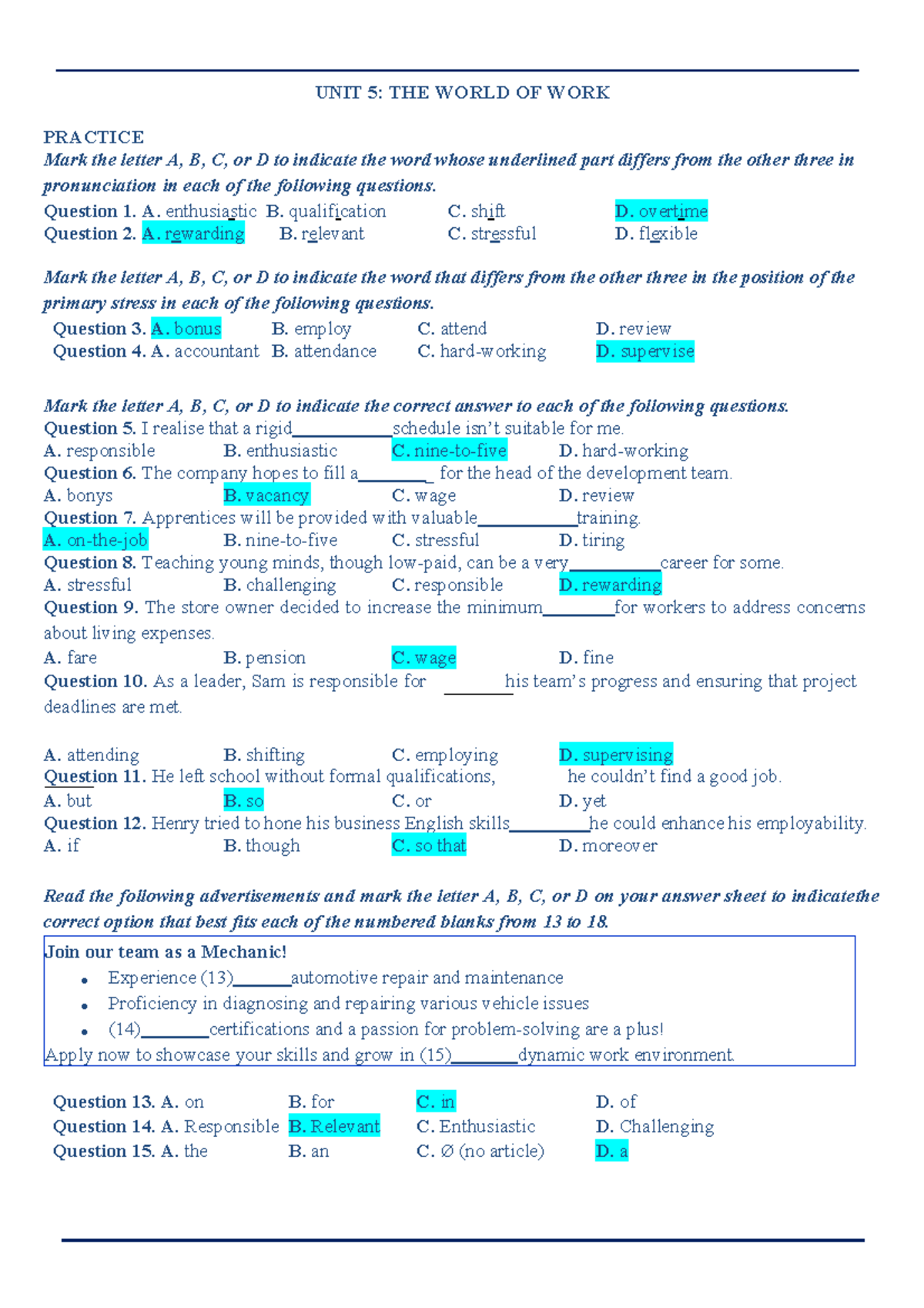 UNIT 5: THE WORLD OF WORK PRACTICE - Pronunciation and Stress Exercises ...