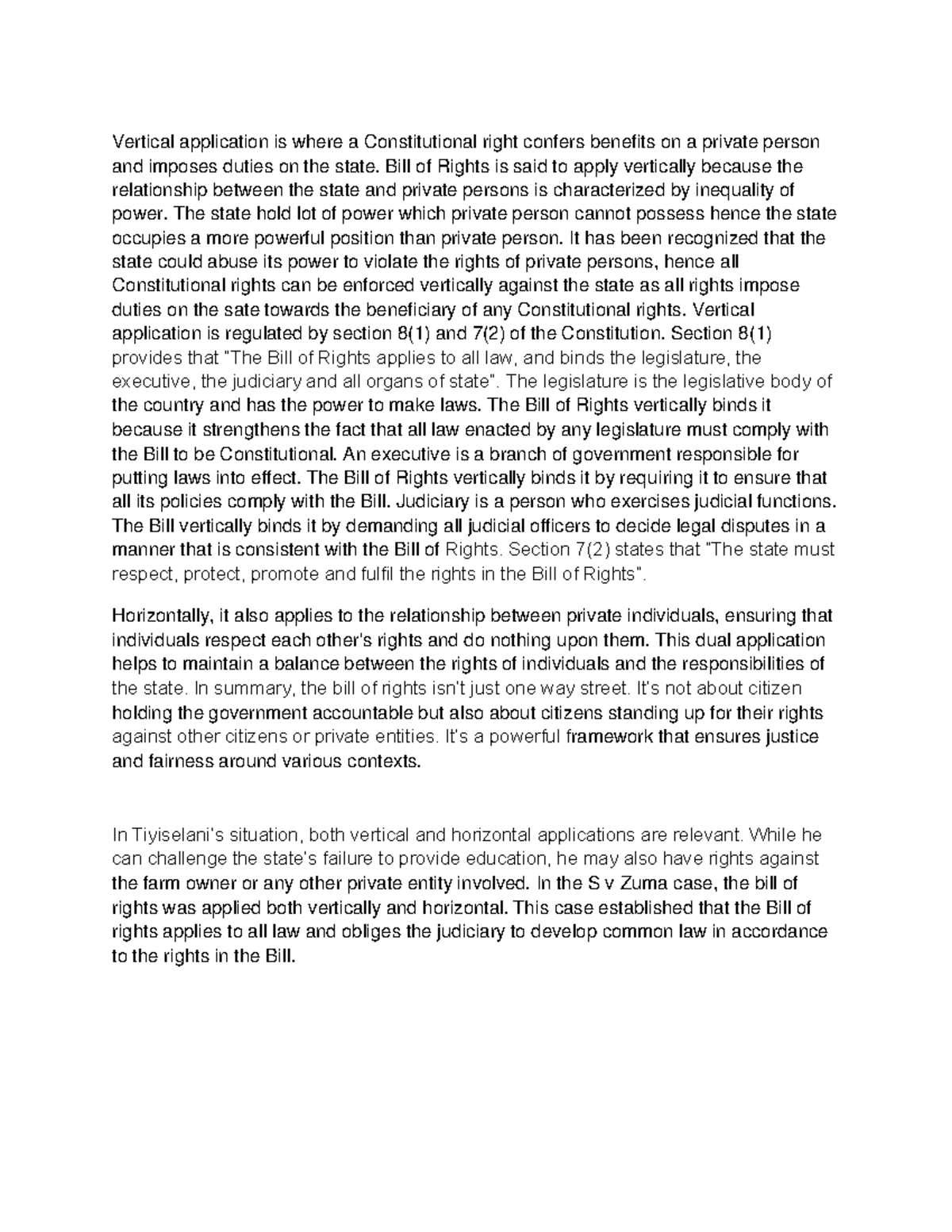 Application of the Bill of Rights: Vertical and Horizontal Aspects ...