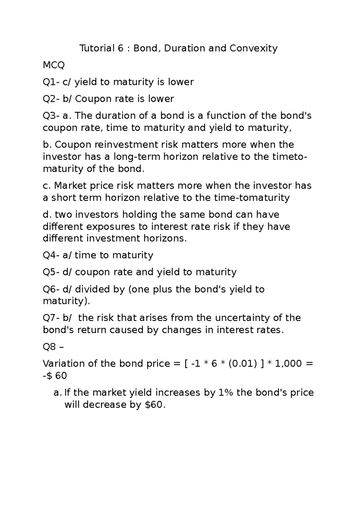 Tutorial 6: Bond Duration & Convexity MCQs on Yield to Maturity - Studocu